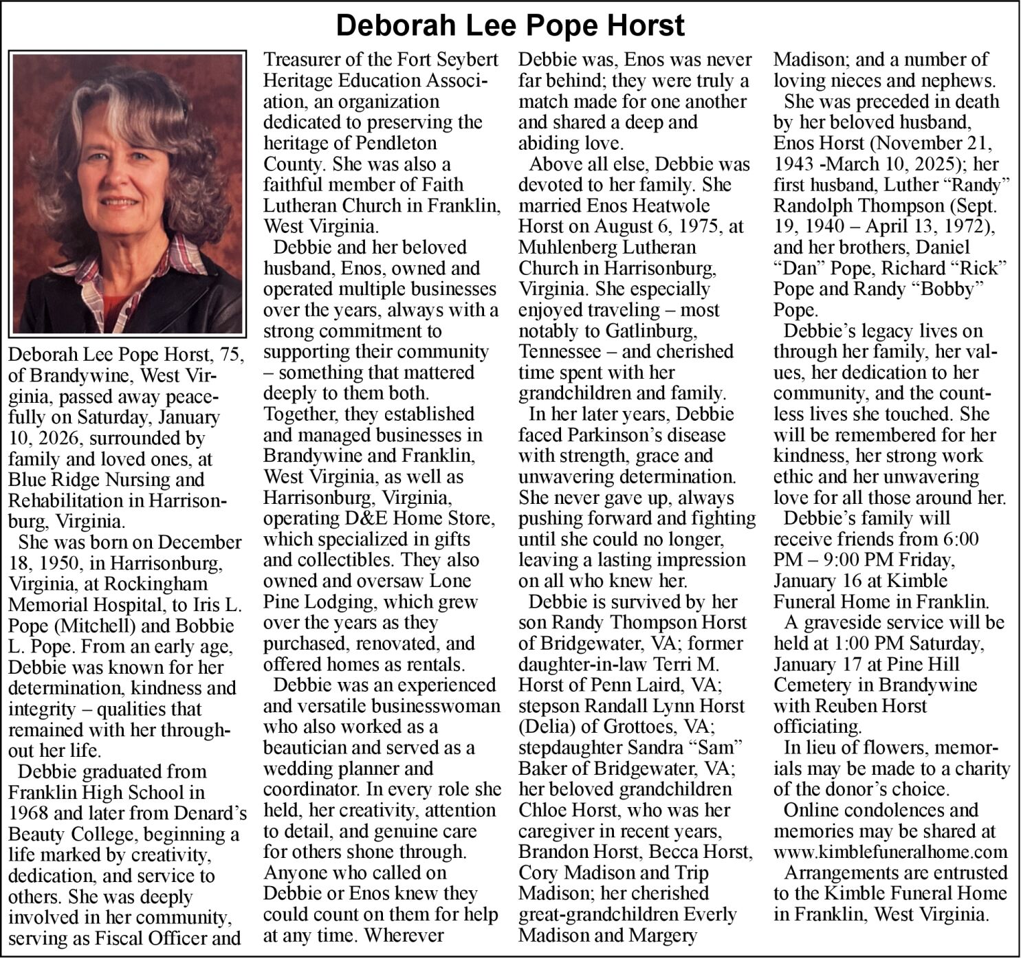 Deborah Lee Pope Horst | Obituaries | dnronline.com