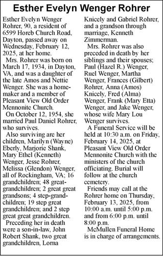 Esther Evelyn Wenger Rohrer | Obituaries | dnronline.com