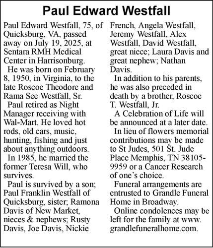 Paul Edward Westfall | Obituaries | dnronline.com