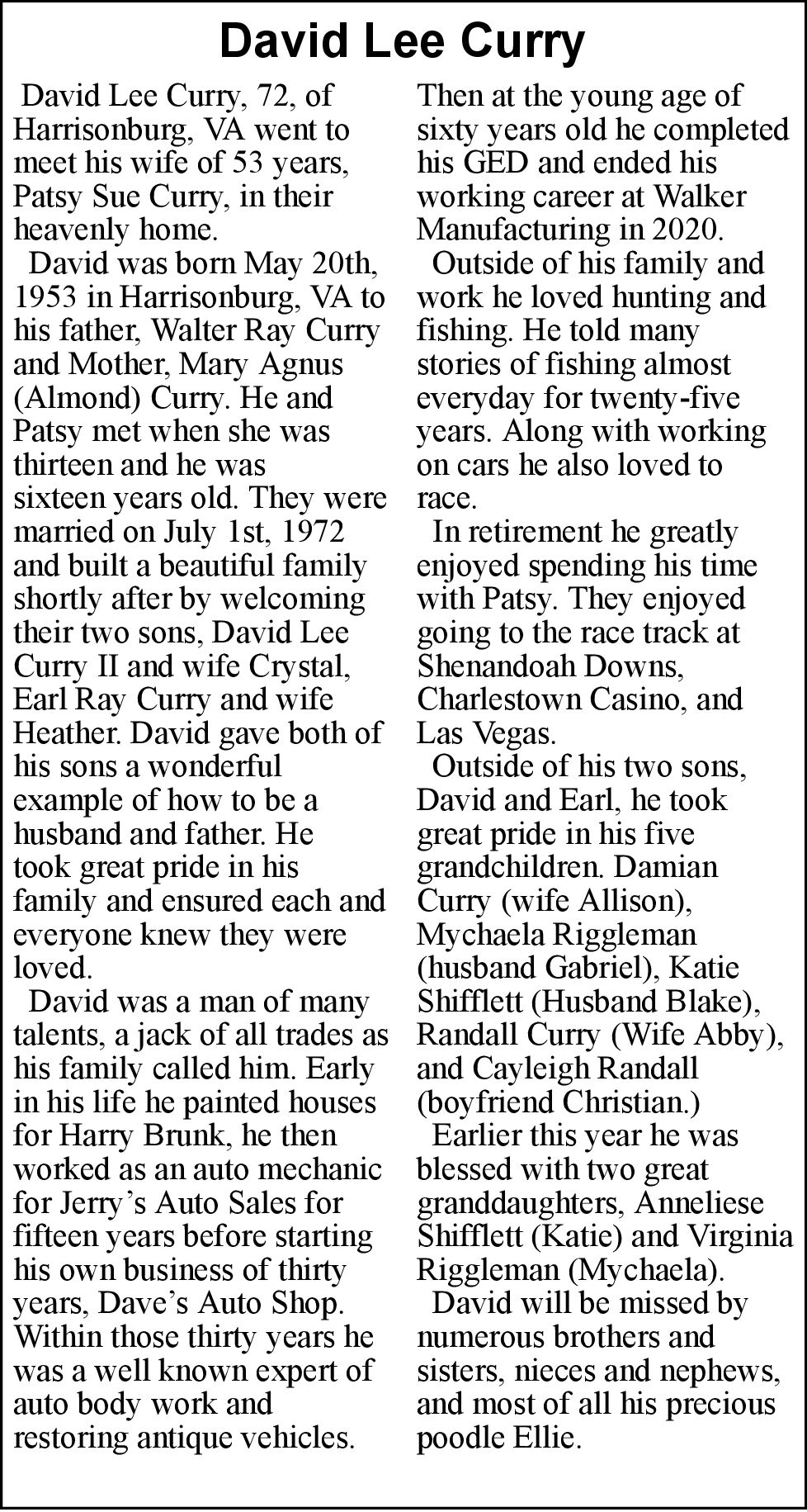 David Lee Curry | Obituaries | dnronline.com