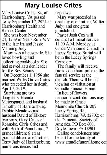 Mary Louise Crites | Obituaries | dnronline.com
