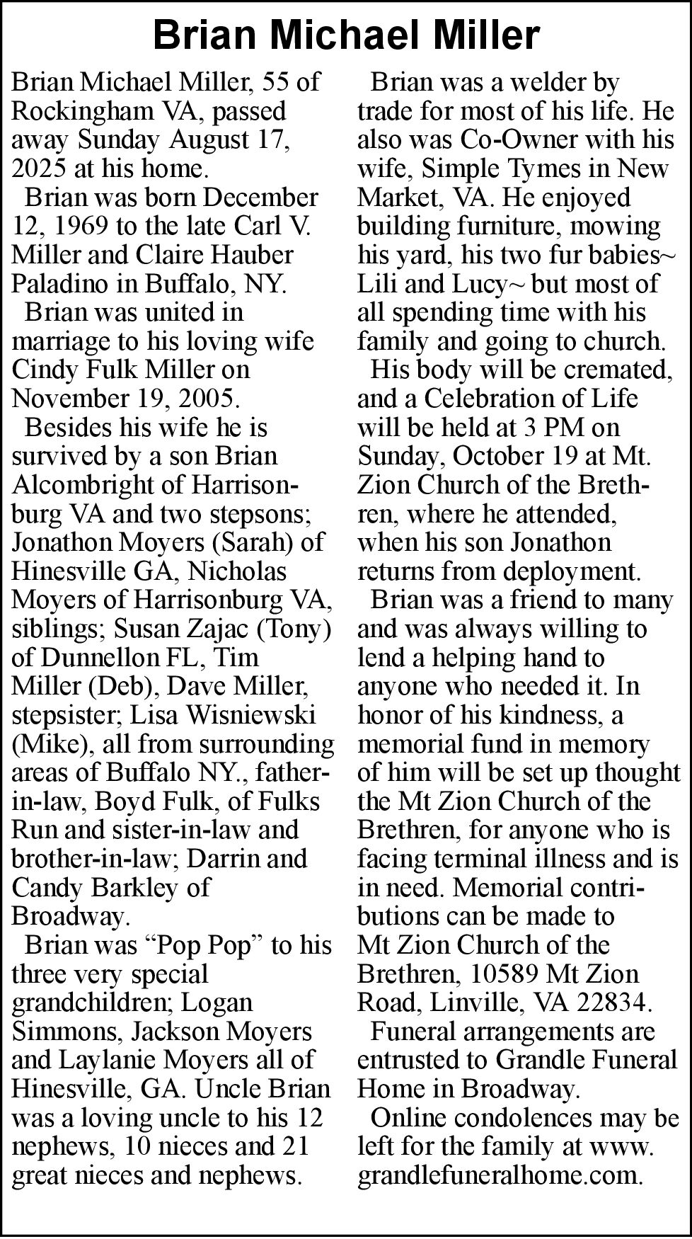 Brian Michael Miller | Obituaries | dnronline.com