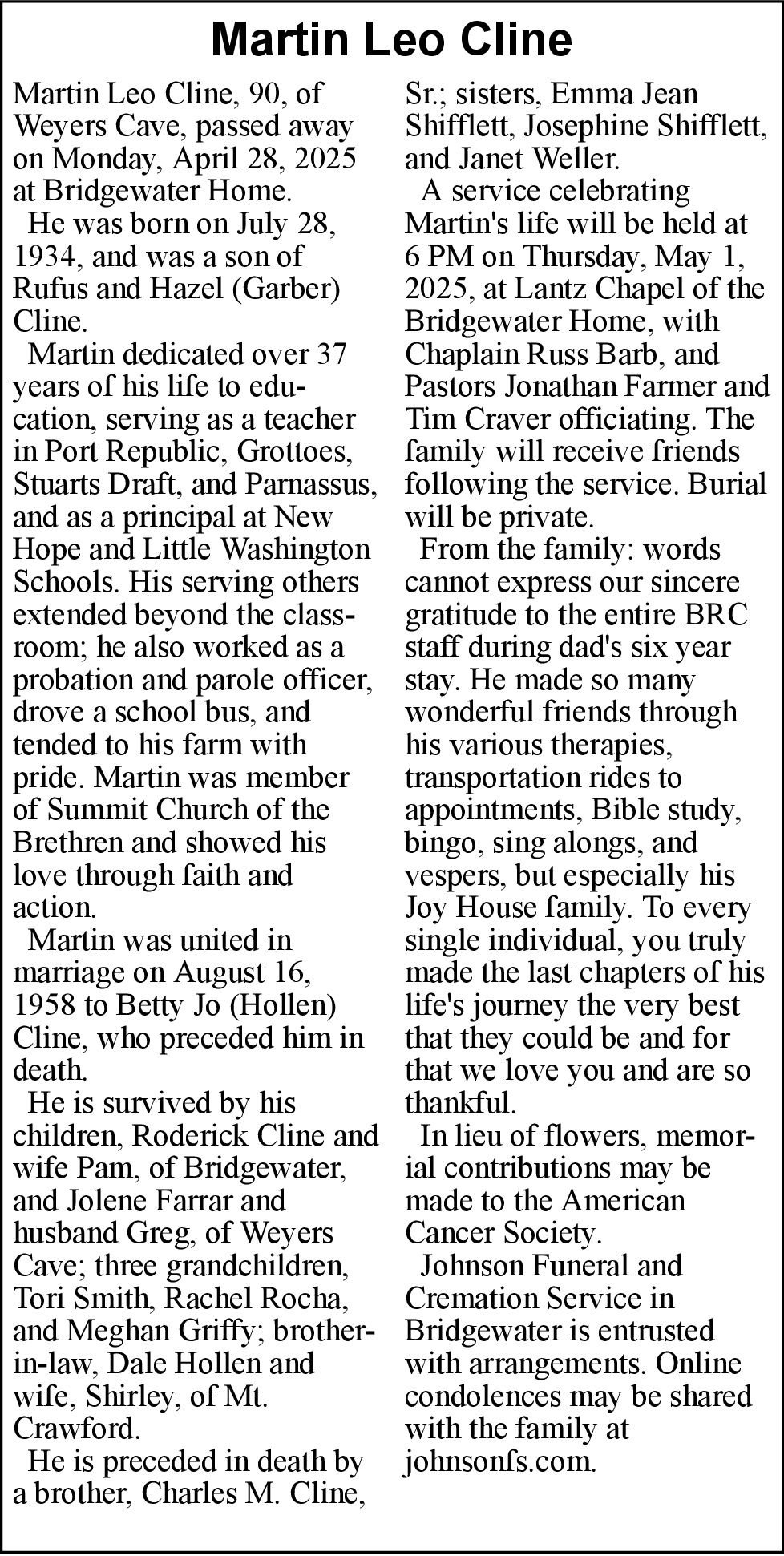 Martin Leo Cline | Obituaries | dnronline.com