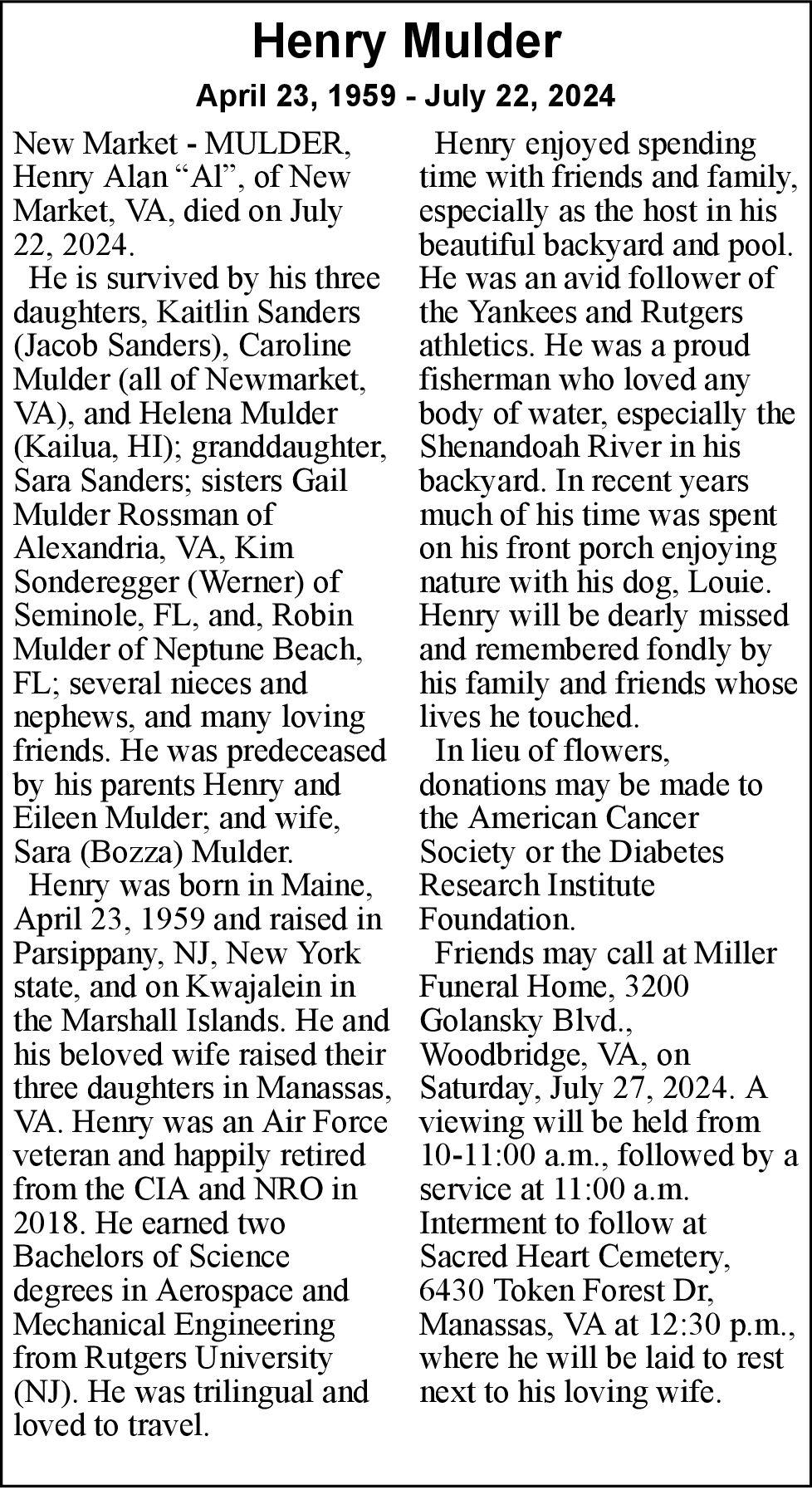 Henry Mulder April 23, 1959 - July 22, 2024 | Obituaries | dnronline.com