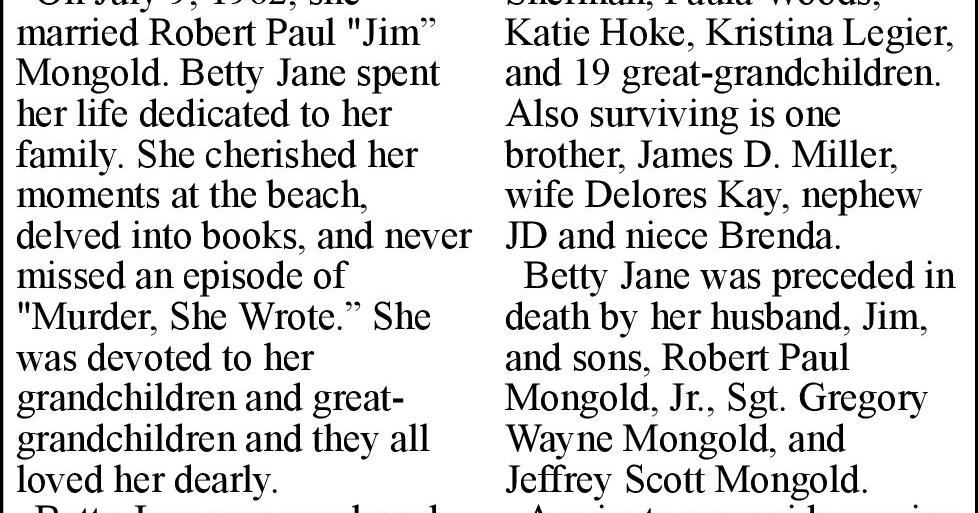 Betty Jane (Miller) Mongold | Obituaries | dnronline.com