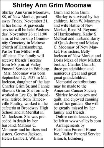 Shirley Ann Grim Moomaw | Obituaries | dnronline.com