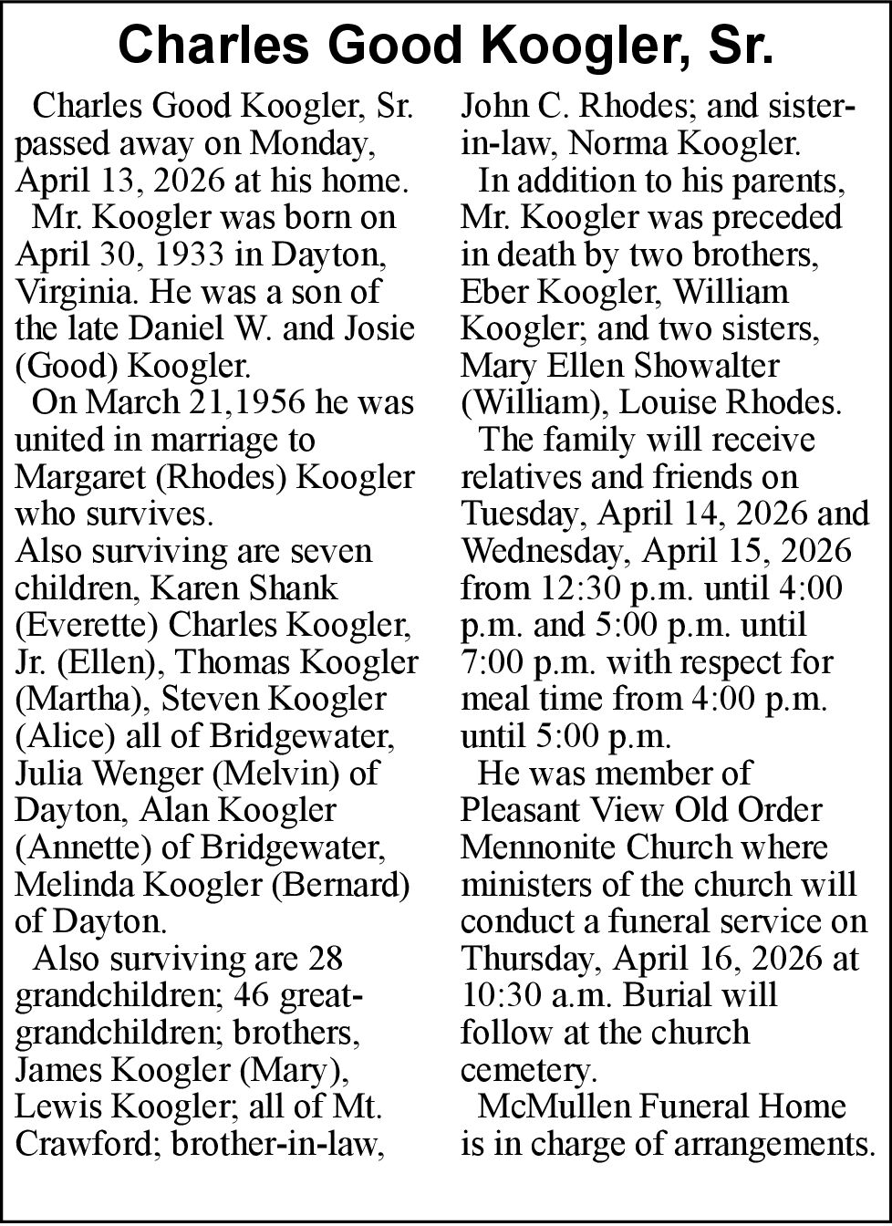 Charles Good Koogler, Sr. | Obituaries | dnronline.com