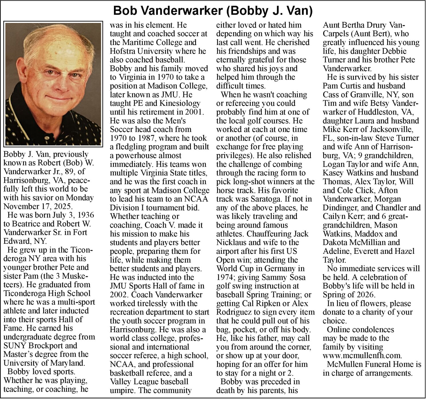 Bob Vanderwarker (Bobby J. Van) | Obituaries | dnronline.com