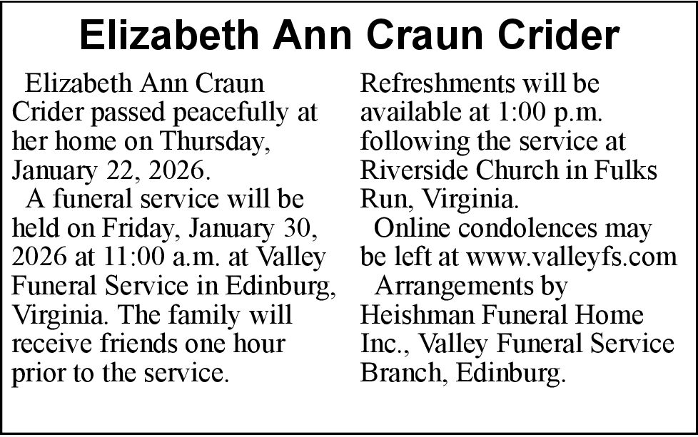 Elizabeth Ann Craun Crider | Obituaries | dnronline.com