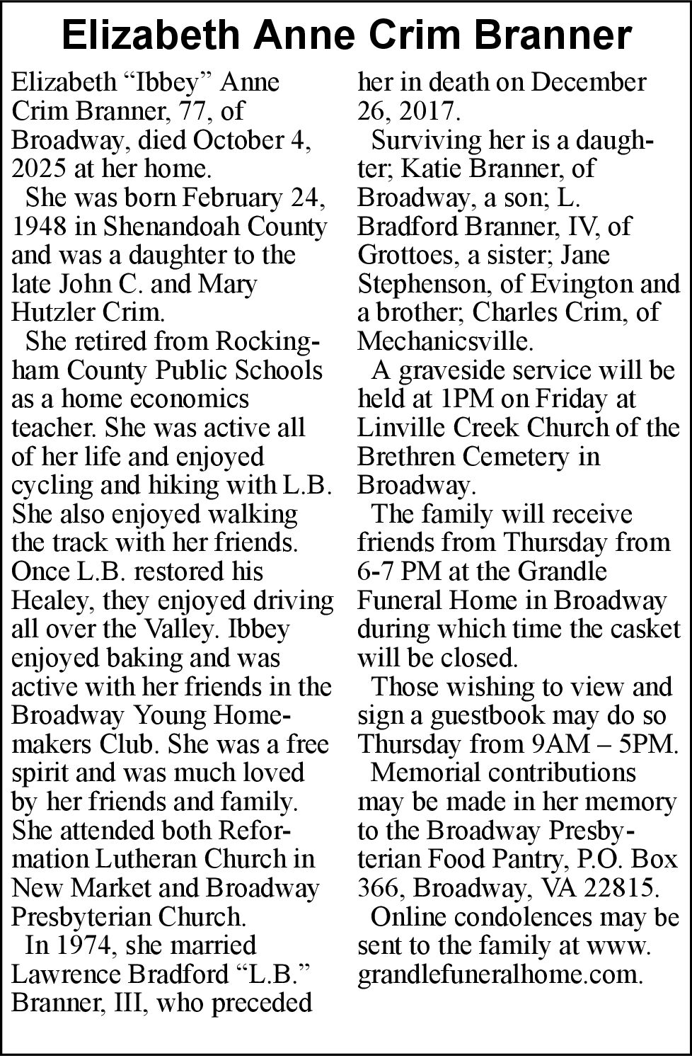 Elizabeth Anne Crim Branner | Obituaries | dnronline.com