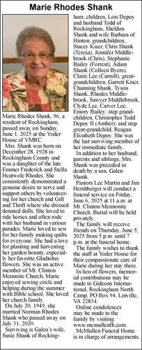 Marie Rhodes Shank | Obituaries | dnronline.com