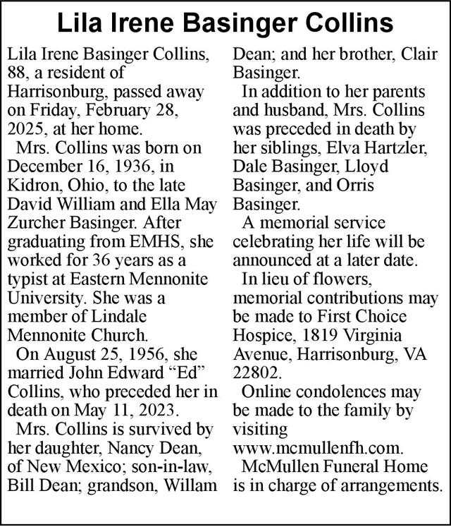 Lila Irene Basinger Collins | Obituaries | dnronline.com