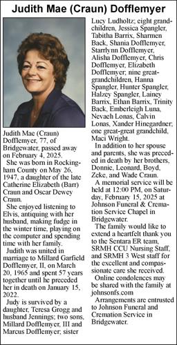 Judith Mae (Craun) Dofflemyer | Obituaries | dnronline.com