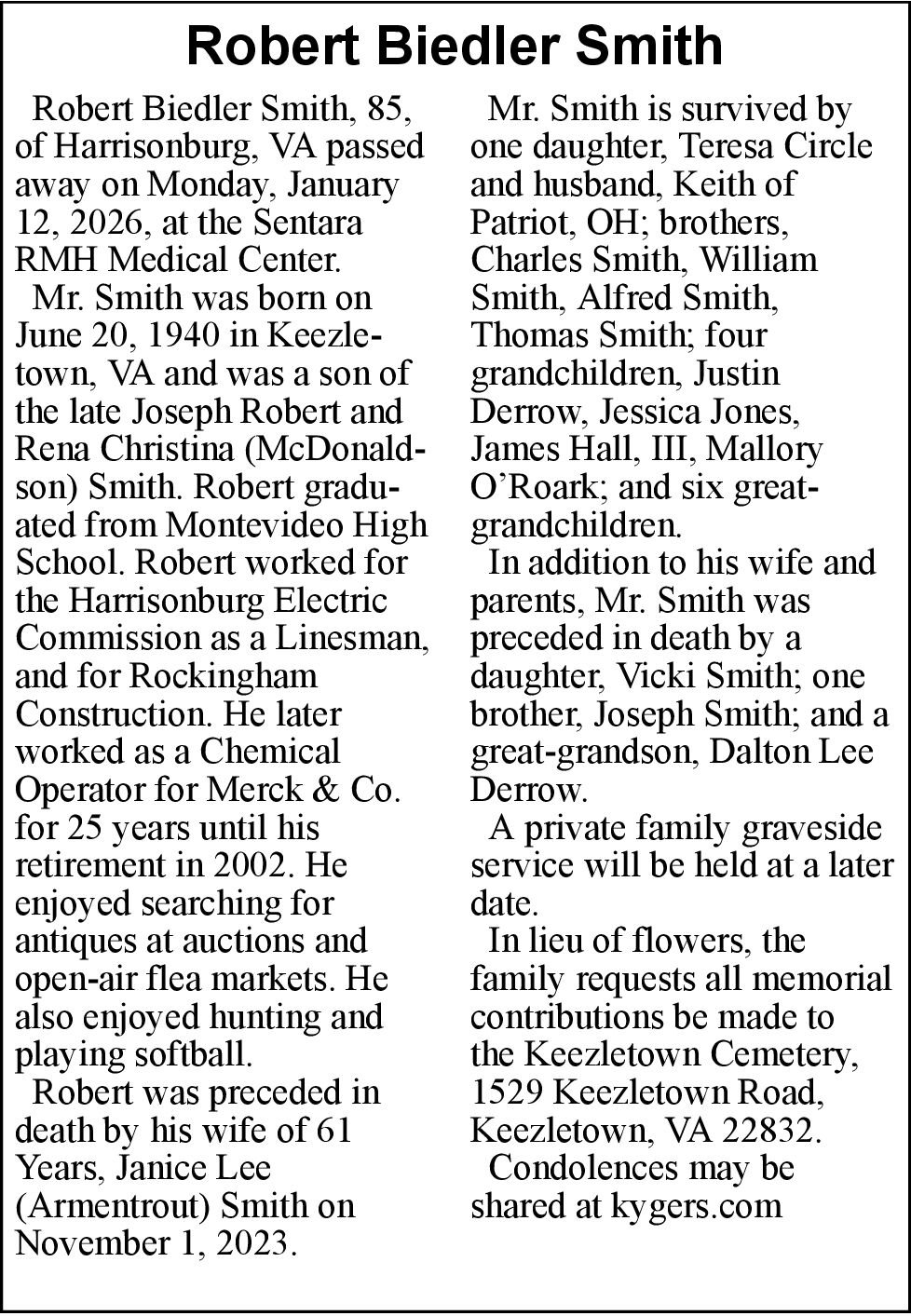 Robert Biedler Smith | Obituaries | dnronline.com
