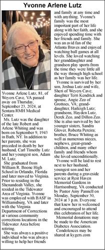 Yvonne Arlene Lutz | Obituaries | dnronline.com