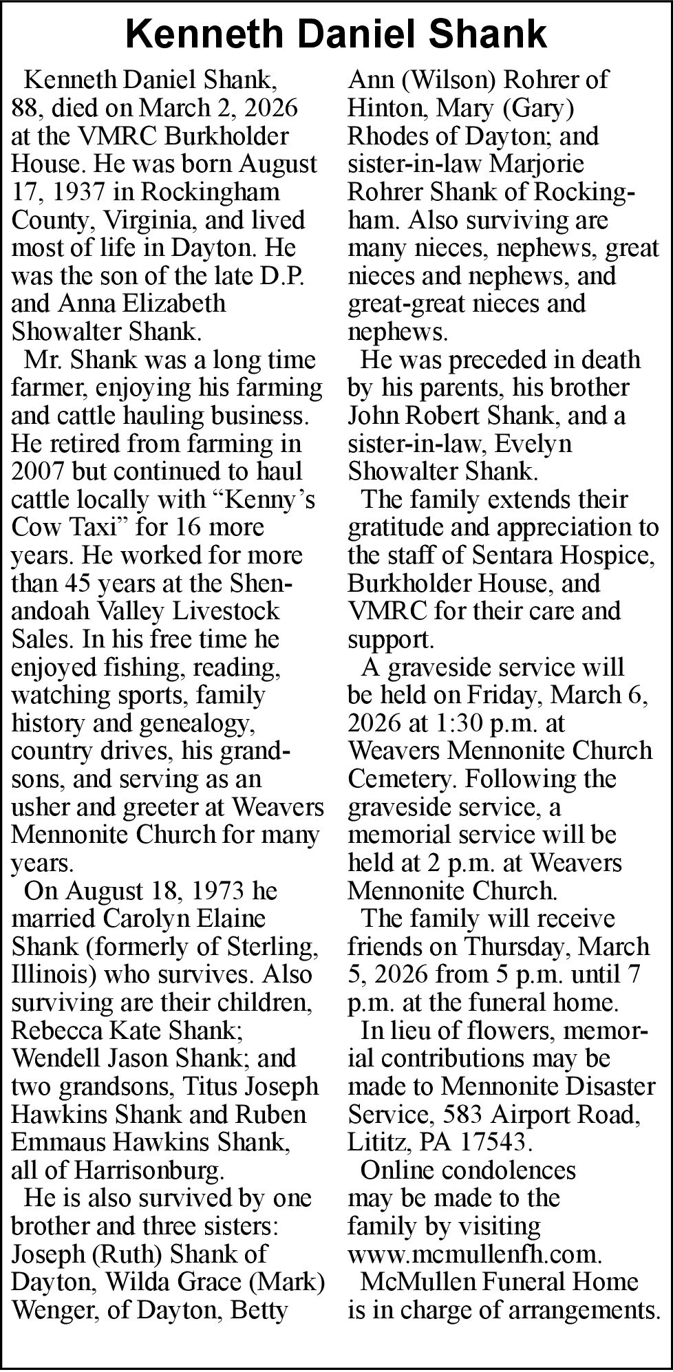 Kenneth Daniel Shank | Obituaries | dnronline.com