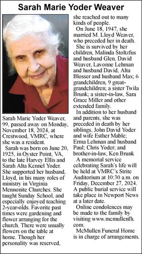 Sarah Marie Yoder Weaver | Obituaries | dnronline.com