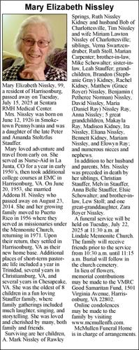 Mary Elizabeth Nissley | Obituaries | dnronline.com