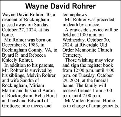 Wayne David Rohrer | Obituaries | dnronline.com