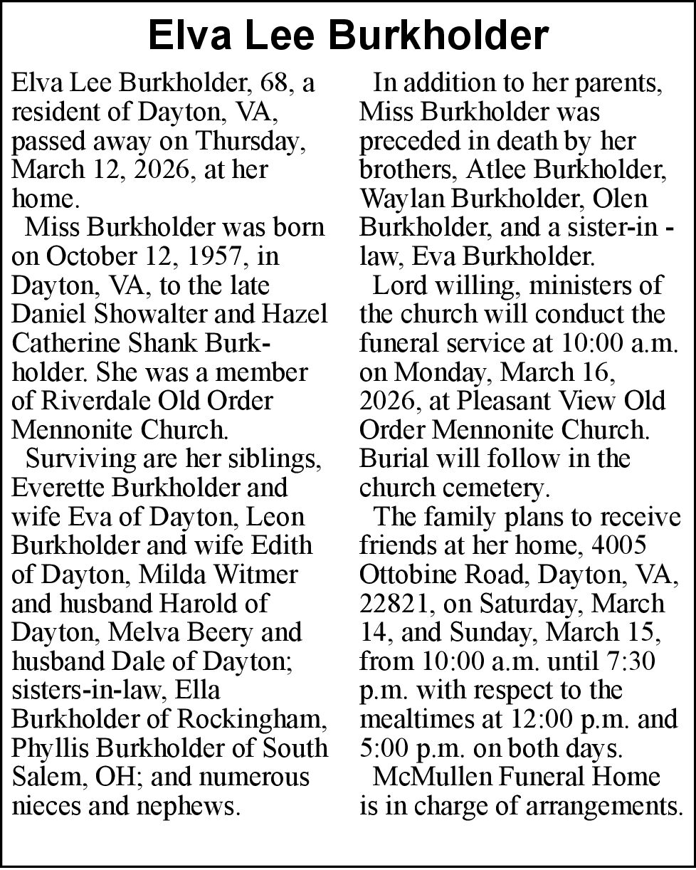 Elva Lee Burkholder | Obituaries | dnronline.com