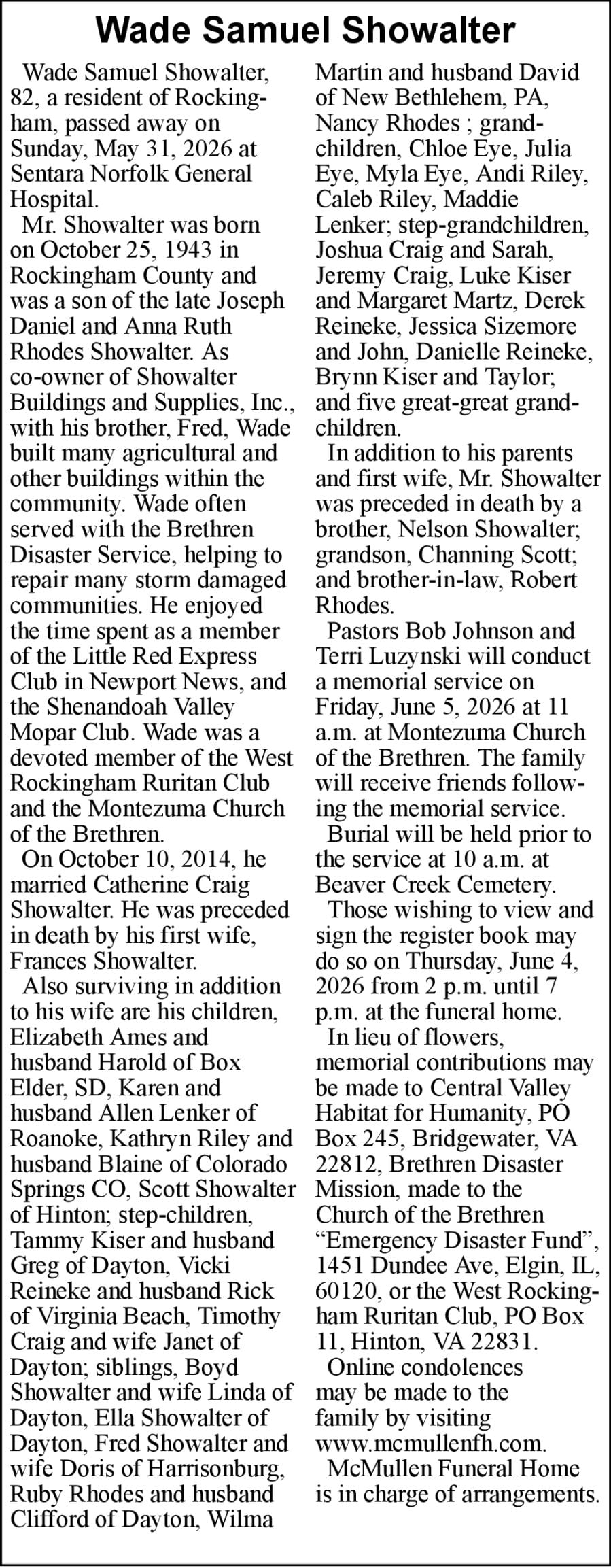 Wade Samuel Showalter | Obituaries | dnronline.com
