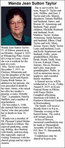 Wanda Jean Sutton Taylor | Obituaries | dnronline.com
