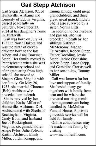 Gail Stepp Atchison | Obituaries | dnronline.com