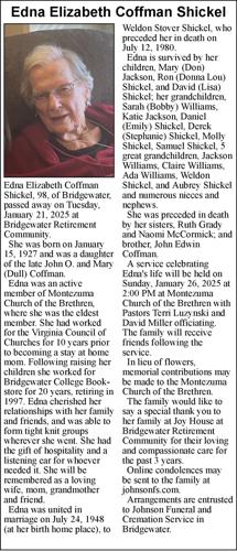 Edna Elizabeth Coffman Shickel | Obituaries | dnronline.com