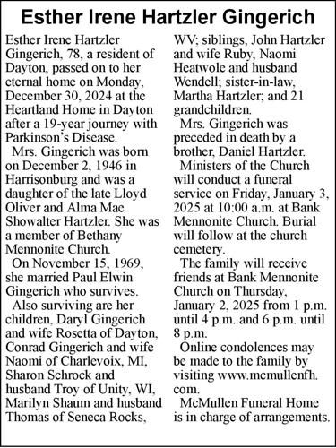 Esther Irene Hartzler Gingerich | Obituaries | dnronline.com