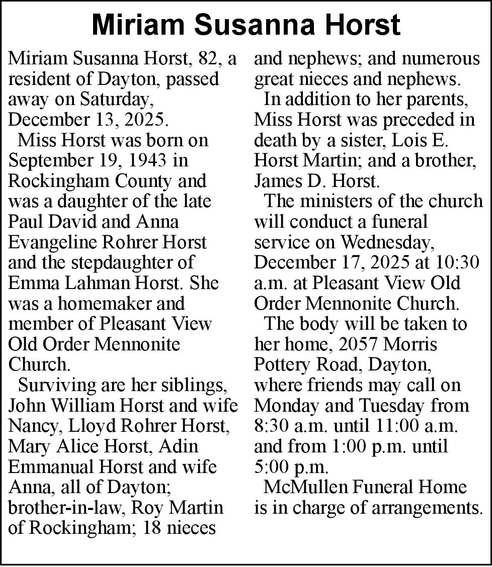 Miriam Susanna Horst | Obituaries | dnronline.com