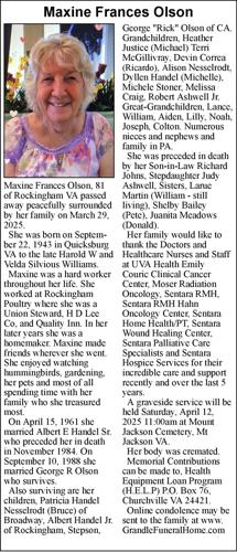Maxine Frances Olson | Obituaries | dnronline.com