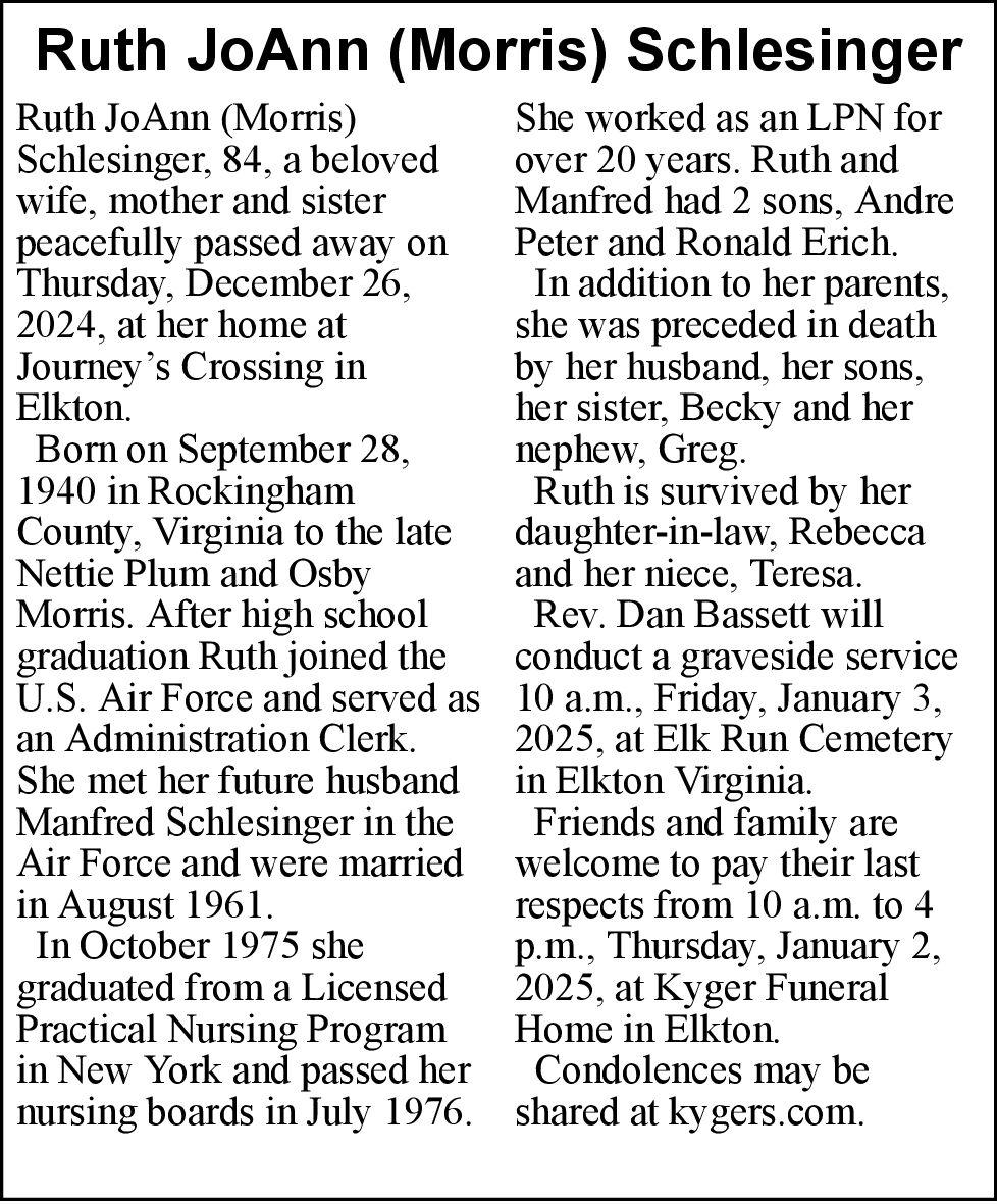Ruth JoAnn (Morris) Schlesinger | Obituaries | dnronline.com