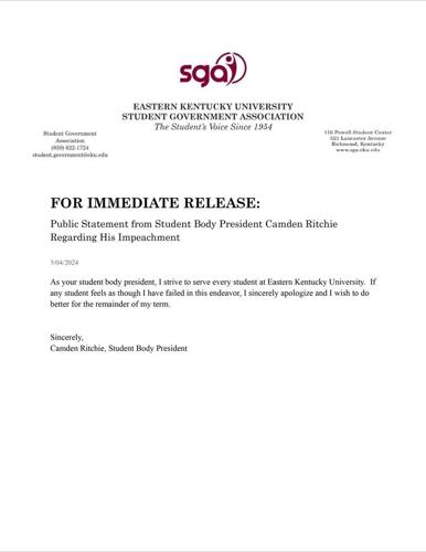 Student Government Association President Camden Ritchie impeached | News | easternprogress.com