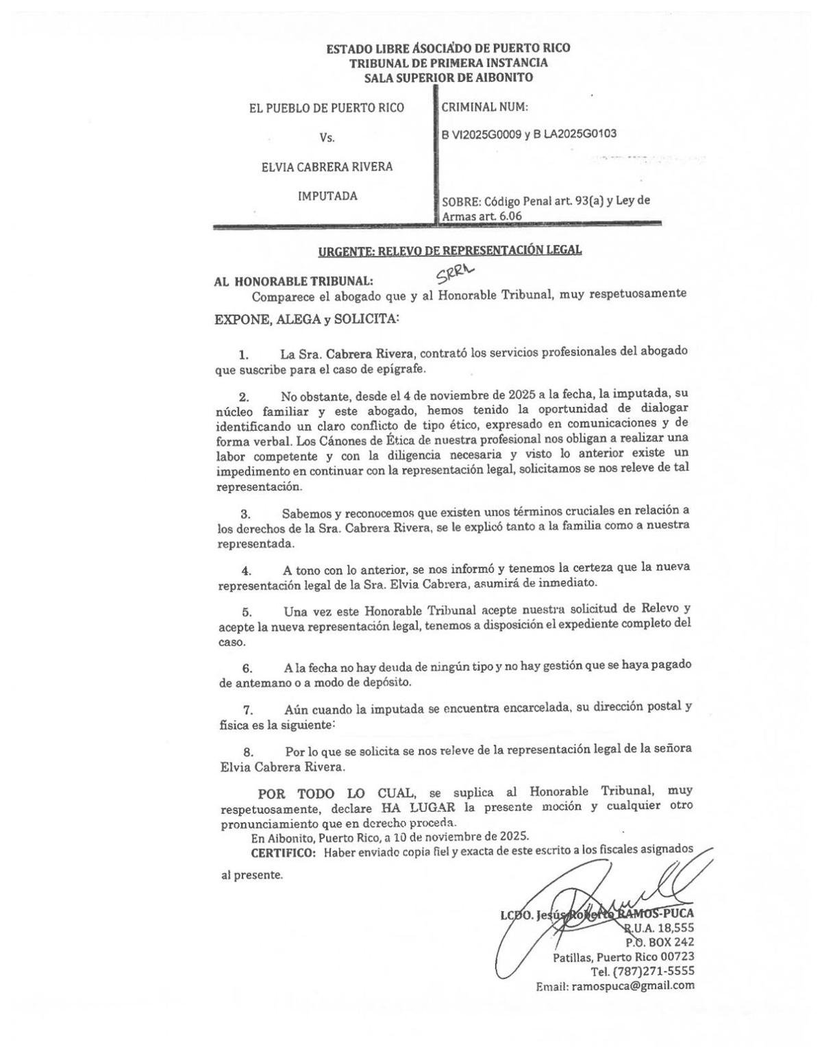 DOCUMENTO: Renuncia abogado de Elvia Cabrera Rivera | Justicia | elvocero.com
