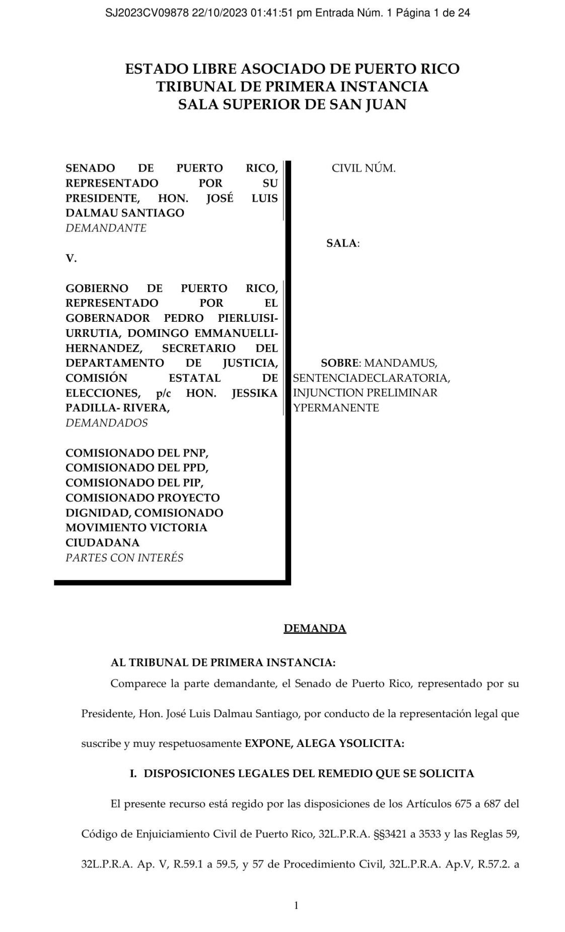 DOCUMENTO: José Luis Dalmau demanda al gobernador y a la presidenta ...