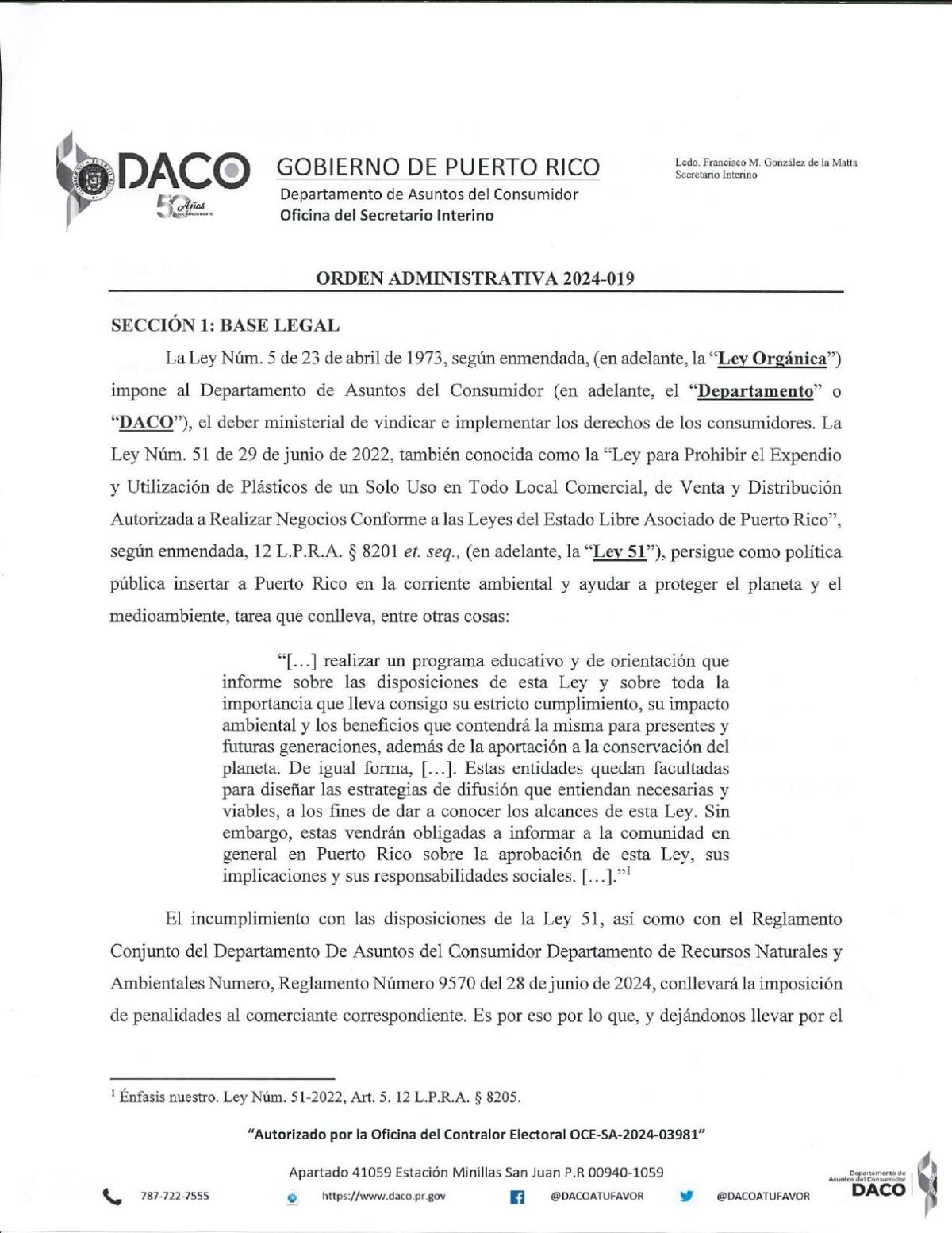 DOCUMENTO: DACO aplaza multas por incumplimiento de la Ley de Plásticos ...