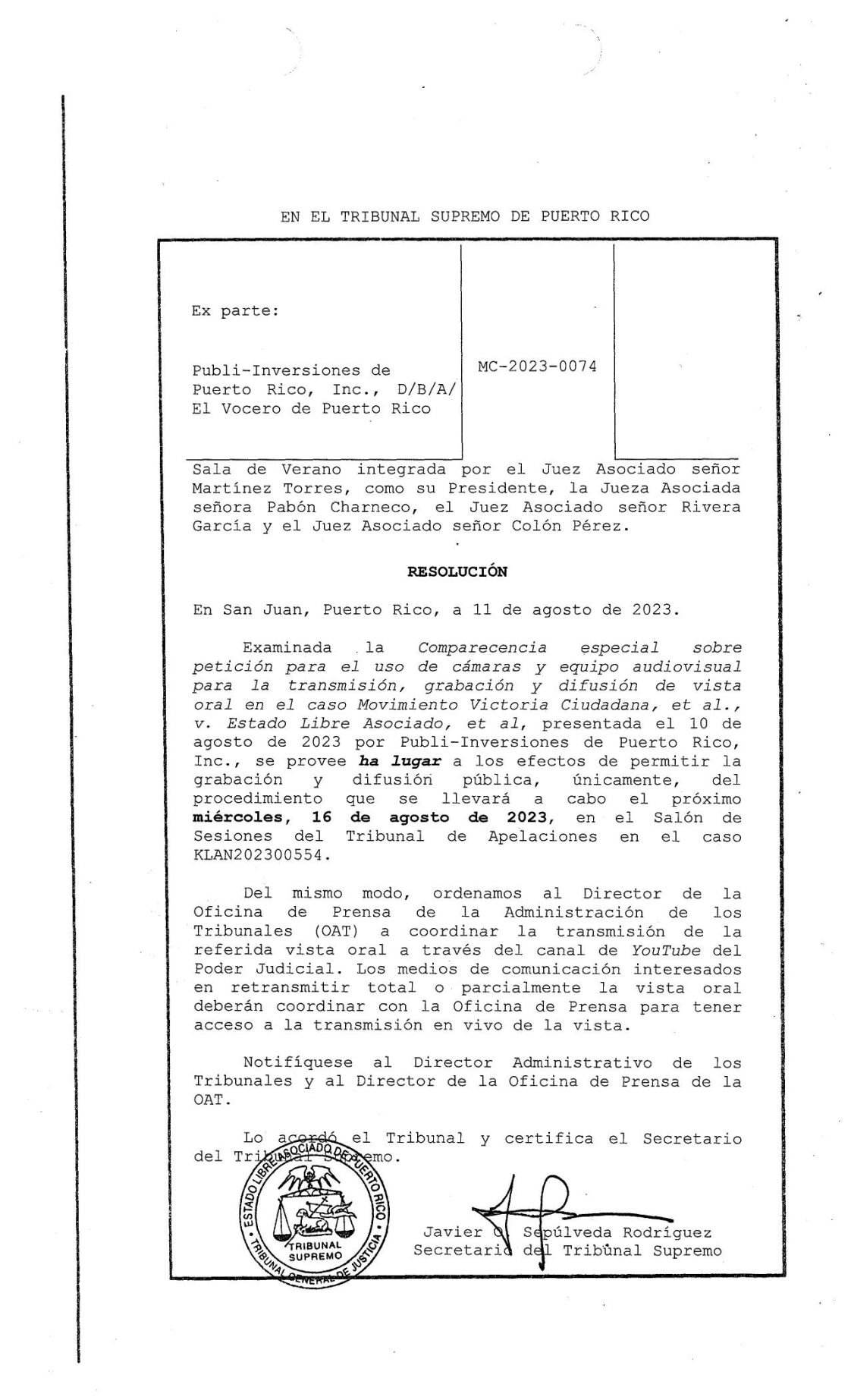 DOCUMENTO: Supremo autoriza transmitir la vista oral sobre candidaturas ...