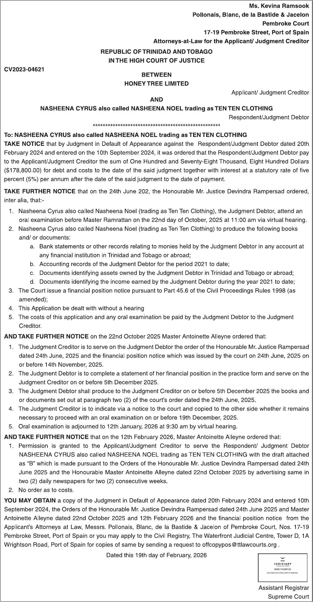 NOTICE-HONEY TREE LTD VS. NASHEENA | Notices | expressclassifiedstt.com