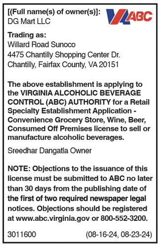 Willard Road Sunoco ABC Notice | Public Notices | fairfaxtimes.com