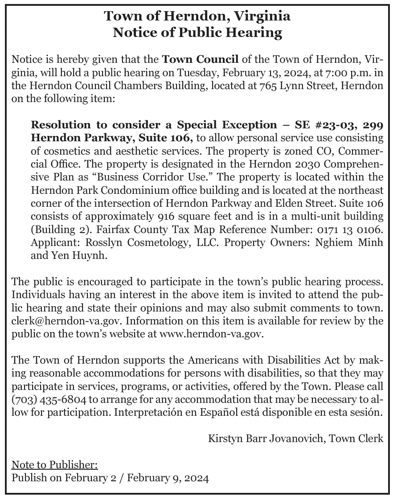 Town of Herndon Town Council Notice | Public Notices | fairfaxtimes.com