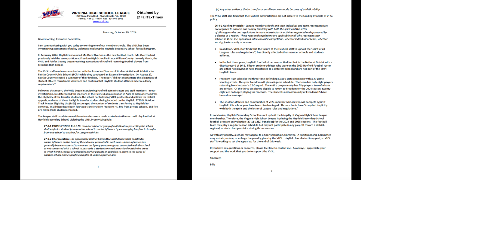 VHSL Hayfield Letter - VHSL Hayfield Letter | | fairfaxtimes.com