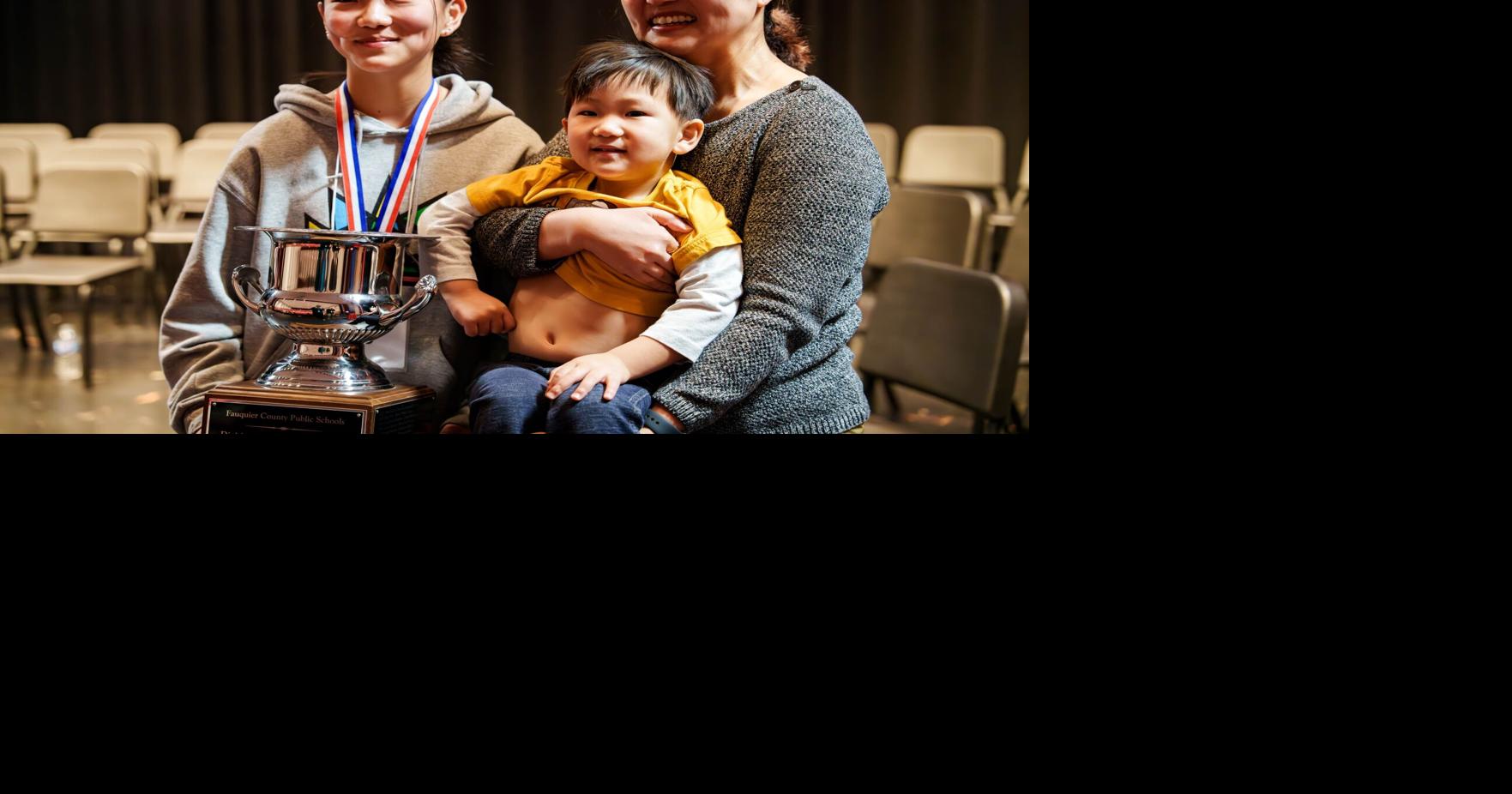 Riley Min, mom, Ellison Min and little brother Kyler at spelling bee ...