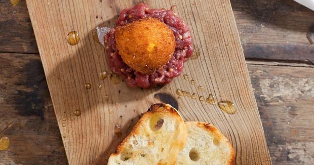 Bison Tartare with Pickled Mustard Seeds and Crispy Egg Yolk