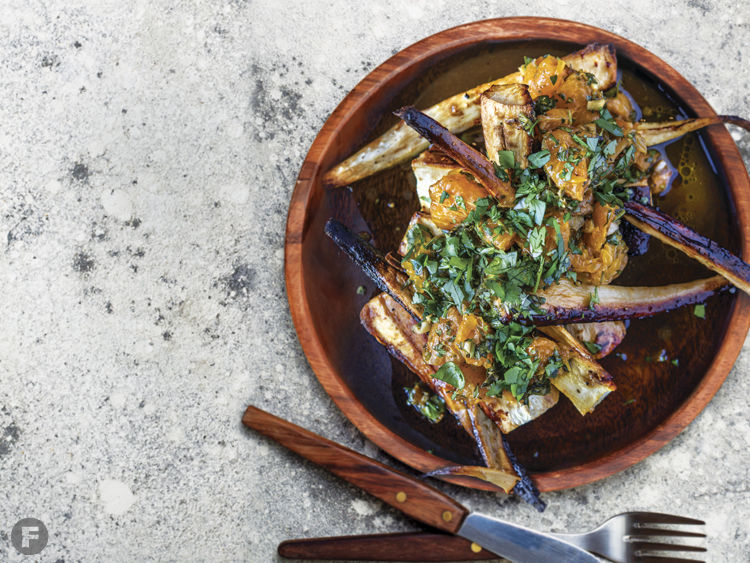 Roasted Parsnips with Caramelized Mandarin Oranges and Chimichurri