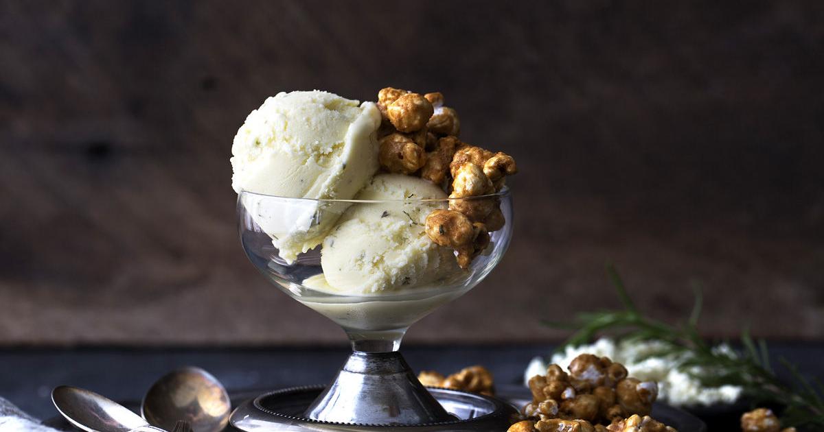 Nettle Ice Cream with Rosemary-Caramel Popcorn