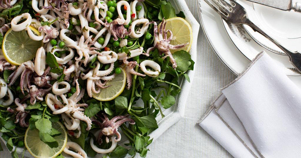 Cold Calamari-Sweet Pea Salad with Watercress