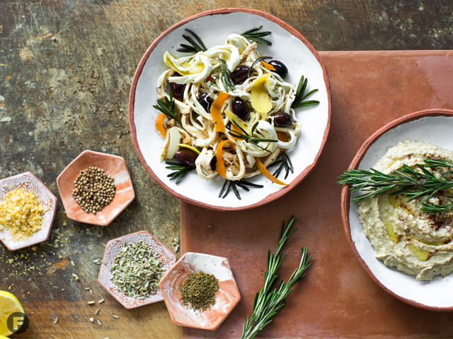 Citrus-Spice Marinated Angel-Hair Cheese with Olives