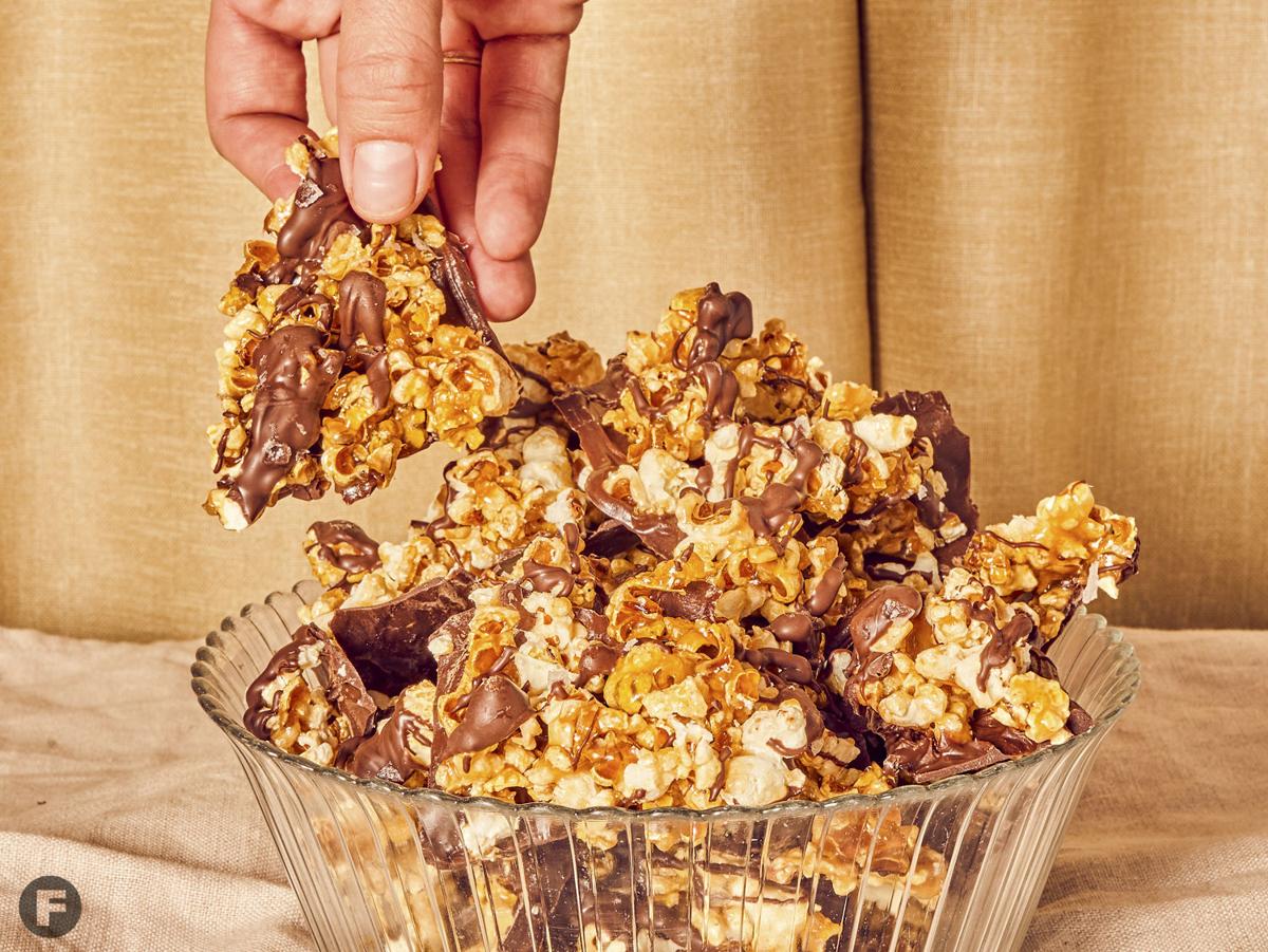 Dark Chocolate Popcorn Bark with Maple-Caramel Glaze
