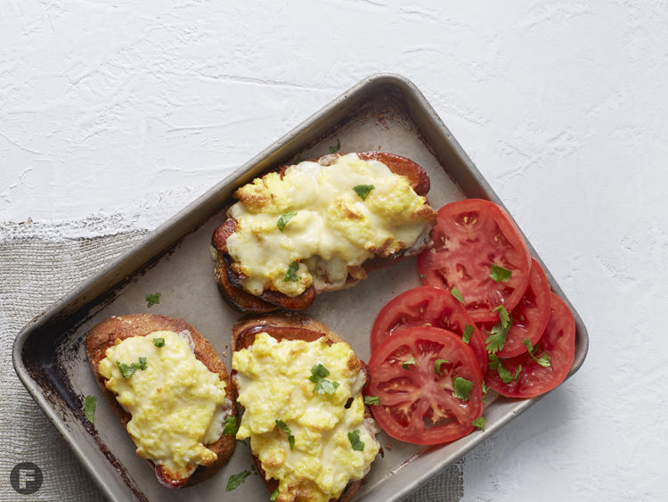 Tartines with Scrambled Eggs, Chorizo and Gruyère Cheese