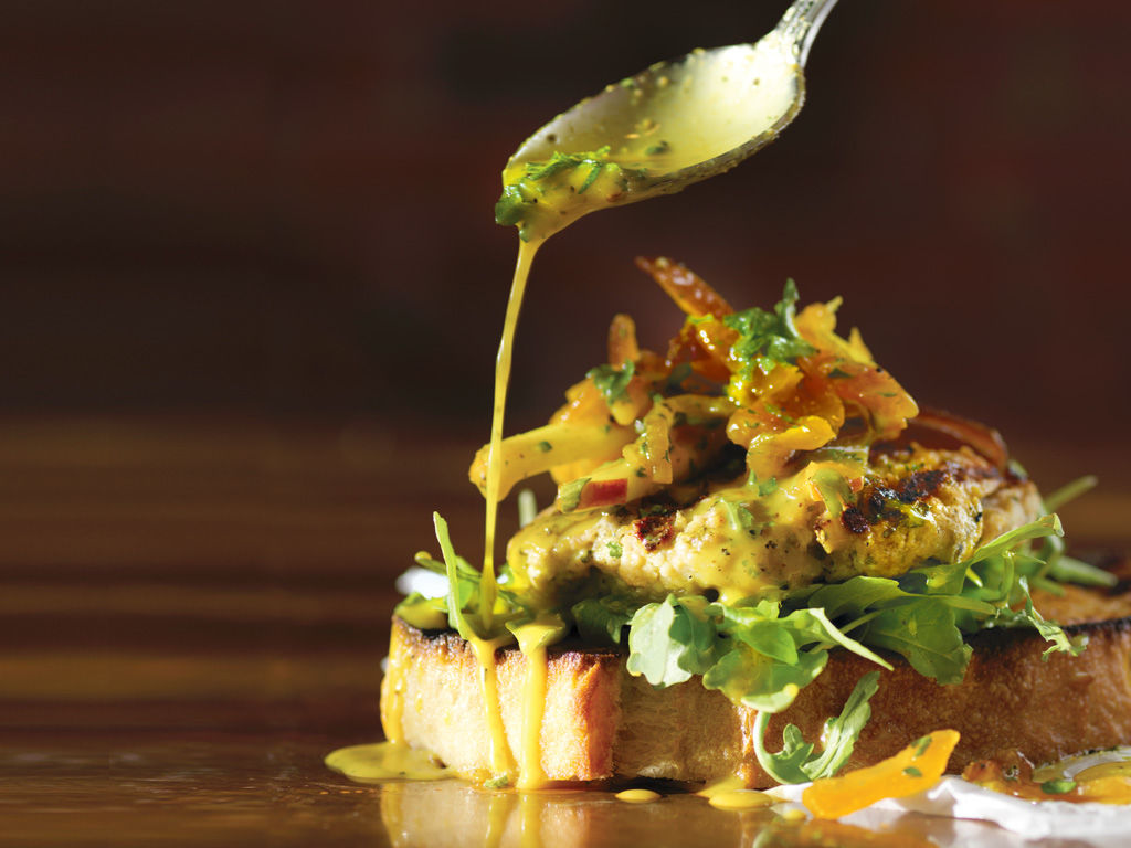 Open-Faced Moroccan Chicken Burger with Slaw and Lime-Cumin Vinaigrette